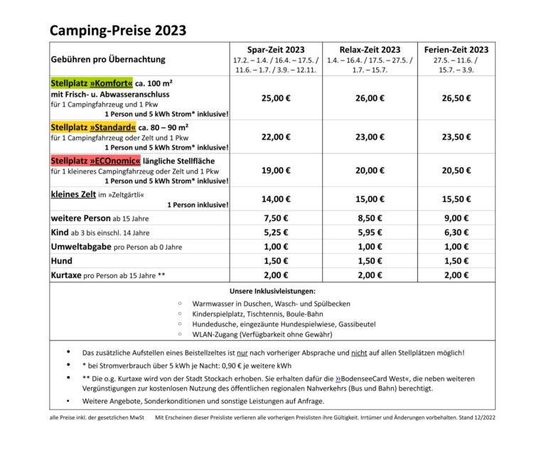 Infos/Preise Der Campingplätze | Campinggarten Wahlwies